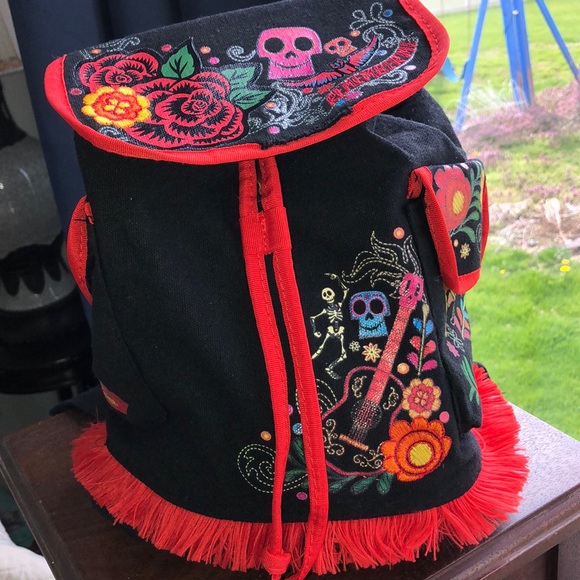 Bags | Disney Pixar Coco Backpack Purse Mini Black Red Floral ...
